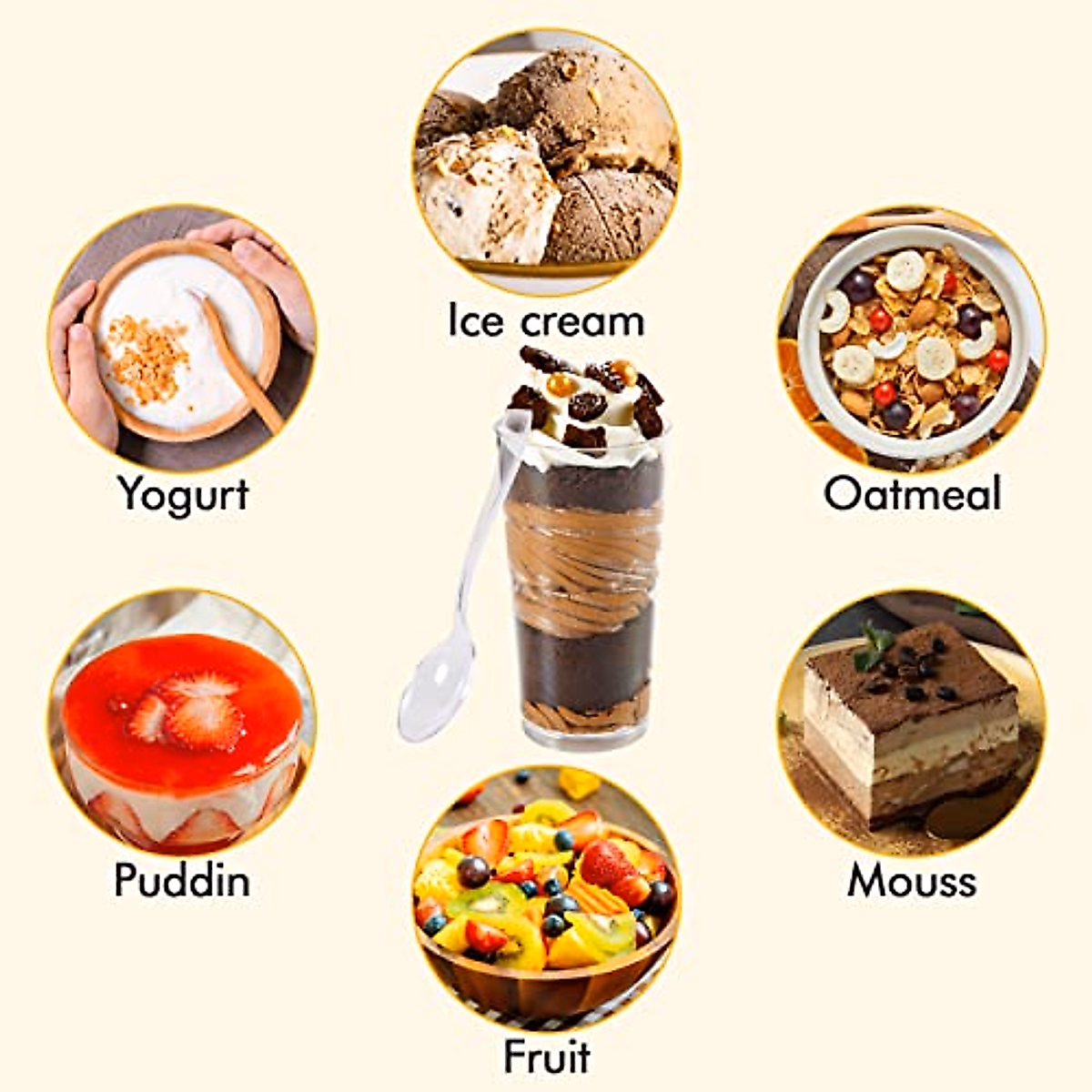 JOLLY CHEF 100 Pack 2.6 oz Mini Dessert Cups with Spoons, Clear Plastic Pudding Appetizer Cups for Party - Small Reusable Serving Bowl Ideal for Christmas Halloween Wedding