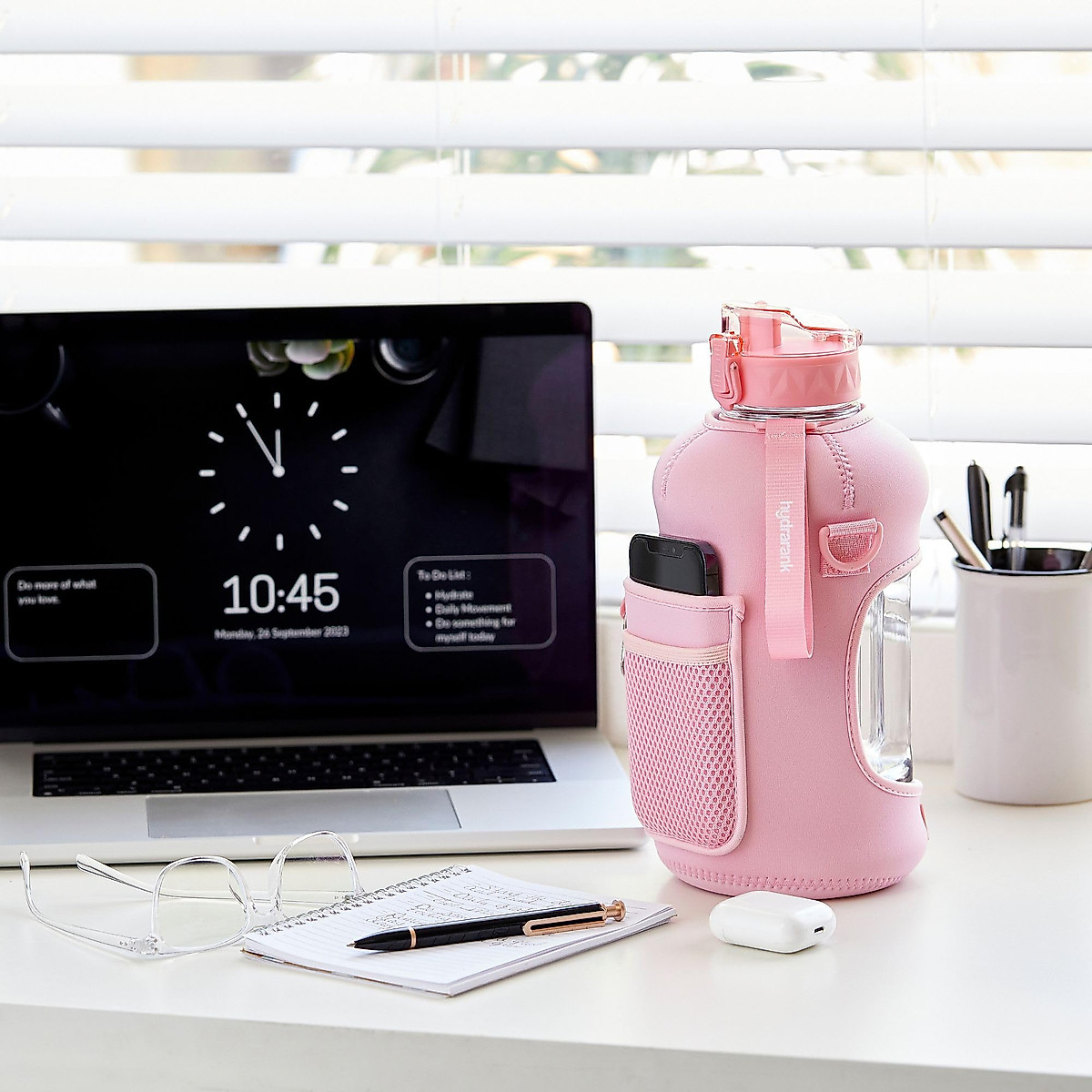 HYDRARANK Half Gallon Water Bottle with Storage Sleeve and Straw Lid - BPA Free Large Gym Water Bottles for Women - Leak Proof - Reusable Pink Water Jug with Strap, Handle (74 Ounce)