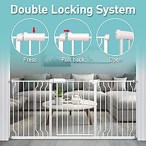 WAOWAO Extra Wide Baby Gate 57.48"-62.20" Walk Thru Pressure Mount Auto Close White Metal Child Dog Pet Safety Stairs,Doorways,Kitchen