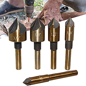 CALIDAKA 5 Pieces Countersink Drill Bit Set,High Speed Steel 82 Degree 5 Flute in Sizes 1/4, 3/8, 1/2, 5/8, 3/4 Inch Counter Sink Drill Bits with Carrying Case