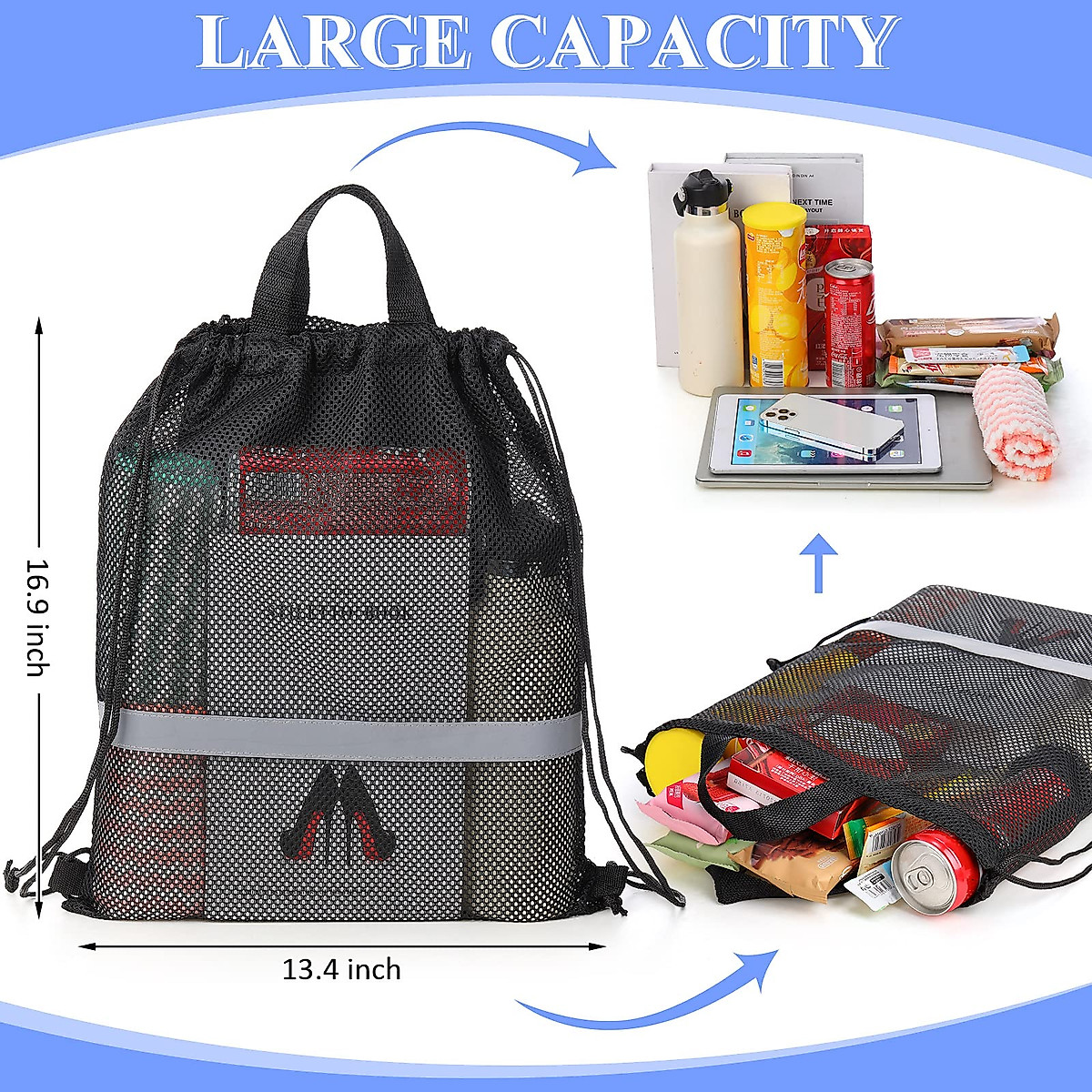 4 Pcs Summer Reflective Large Mesh Drawstring Bag with Zipper Pocket Net Quick Drying Swimming Bag Beach Soccer Mesh Backpack Foldable Swim Gear Bag for Adults Teens Sports Gym Equipment, 4 Colors