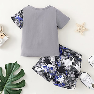 SEVEN YOUNG Toddler Baby Boy Summer Clothes Daddy's Cool Buddy Short Sleeve T-shirt Dinosaur Camouflage Shorts Boys 2pcs Outfit (Grey, 18-24 Months)