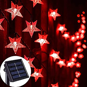 Abkshine Solar Powered Red Lights String, Halloween Outdoor Decorative LED Star Shaped String Lights for Garden Pathway Patio Christmas Tree Decorations