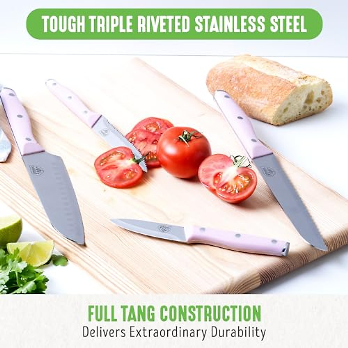 GreenLife High Carbon Stainless Steel 13 Piece Wood Knife Block Set with Chef Steak Knives and more, Comfort Grip Handles, Triple Rivet Cutlery, Soft Pink