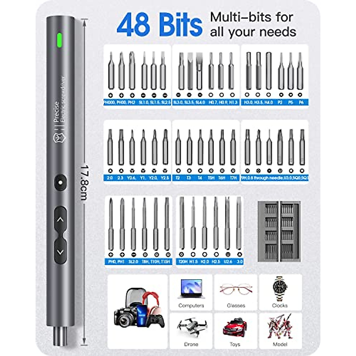 Kingsdun Mini Electric Screwdriver, 62 in 1 Cordless Precision Power Screwdriver with 48 Bits, Rechargeable Electrical Screwdriver Repair Tool Kit with LED Lights Magnetic Mat for Phones PC Laptops