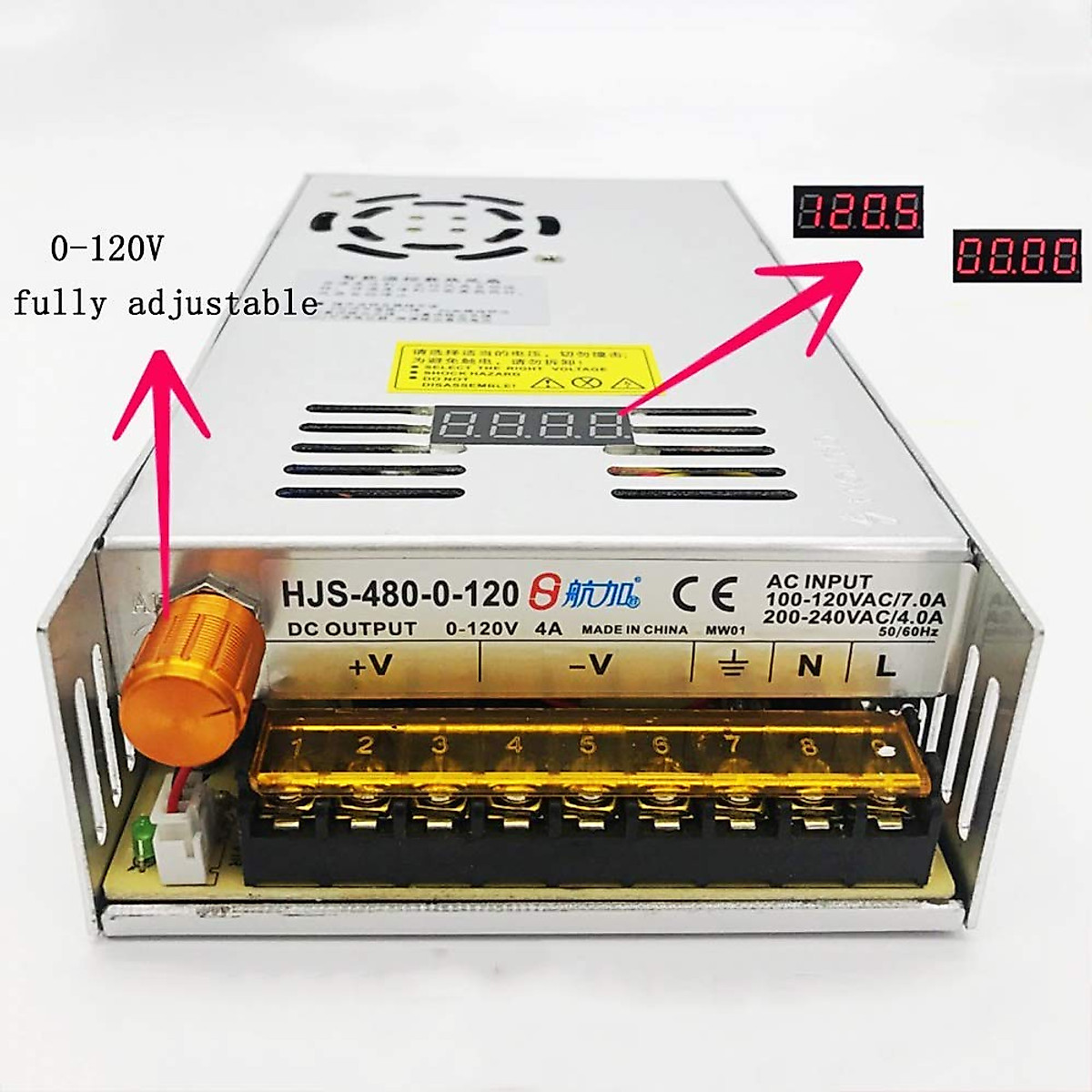 0-120V DC Adjustable Switching Power Supply 110V/220V AC to DC 120V 4A Power Supply Transformer Digital Display 480W Voltage Regulator Power Converter