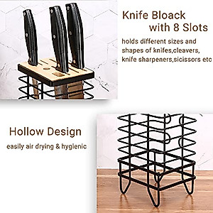 LINFIDITE Knife Block Holder Universal Kitchen Knife Organizer Storage Stand 8 Slots Top Hollow Iron Wire Safe to Use Different Size Shape Knife Sharpeners Scissors Kitchen Countertop Black