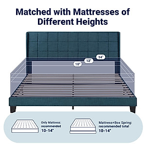 Allewie King Size Platform Bed Frame with Wingback, Upholstered Square Stitched Headboard and Wooden Slats, Mattress Foundation, Box Spring Optional, Easy Assembly, Dark Blue