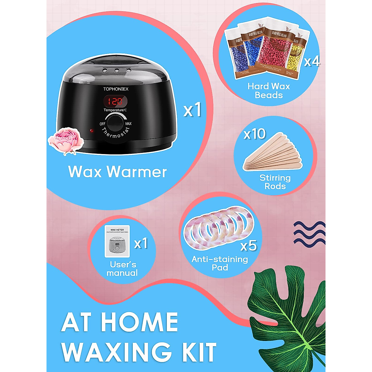 TOPHONIEX Waxing Kit, Wax Warmer for Hair Removal Wax Kit With Hard Wax Beans Wax Machine for All Hair Types, Eyebrows, Face, Legs, Nose, Bikini