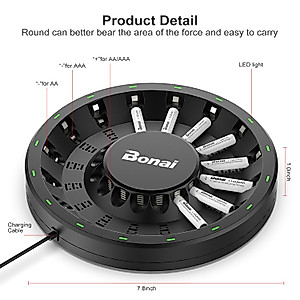 BONAI AA AAA Rechargeable Battery Charger for NiMH NiCD Batteries with AC High-Speed Plug Cable and Smart LED Light