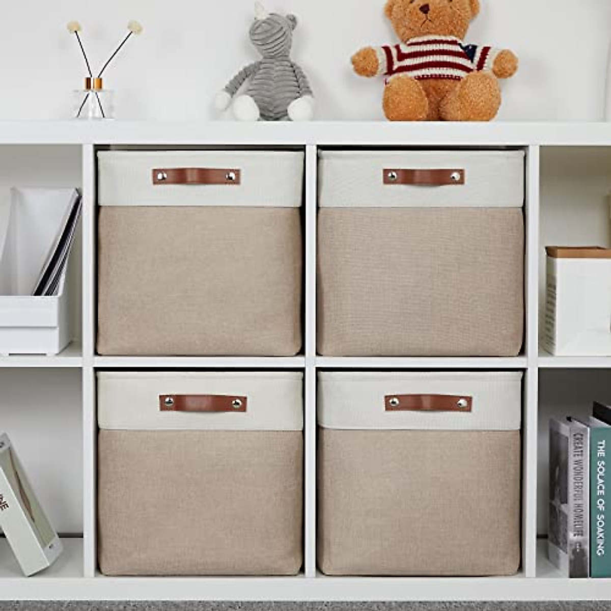 DULLEMELO Collapsible Bundle Baskets 4 Cube Baskets 13"x13"x13" + 6 Small Baskets 11.8"x7.9"x5.1"（White&Khaki)