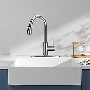 BASDEHEN Single Handle High Arc Brushed Nickel Pull Out Kitchen Faucet, Single Level Stainless Steel Kitchen Sink Faucet with Pull Down Sprayer and 10 Inch Deck (Brushed Nickel)