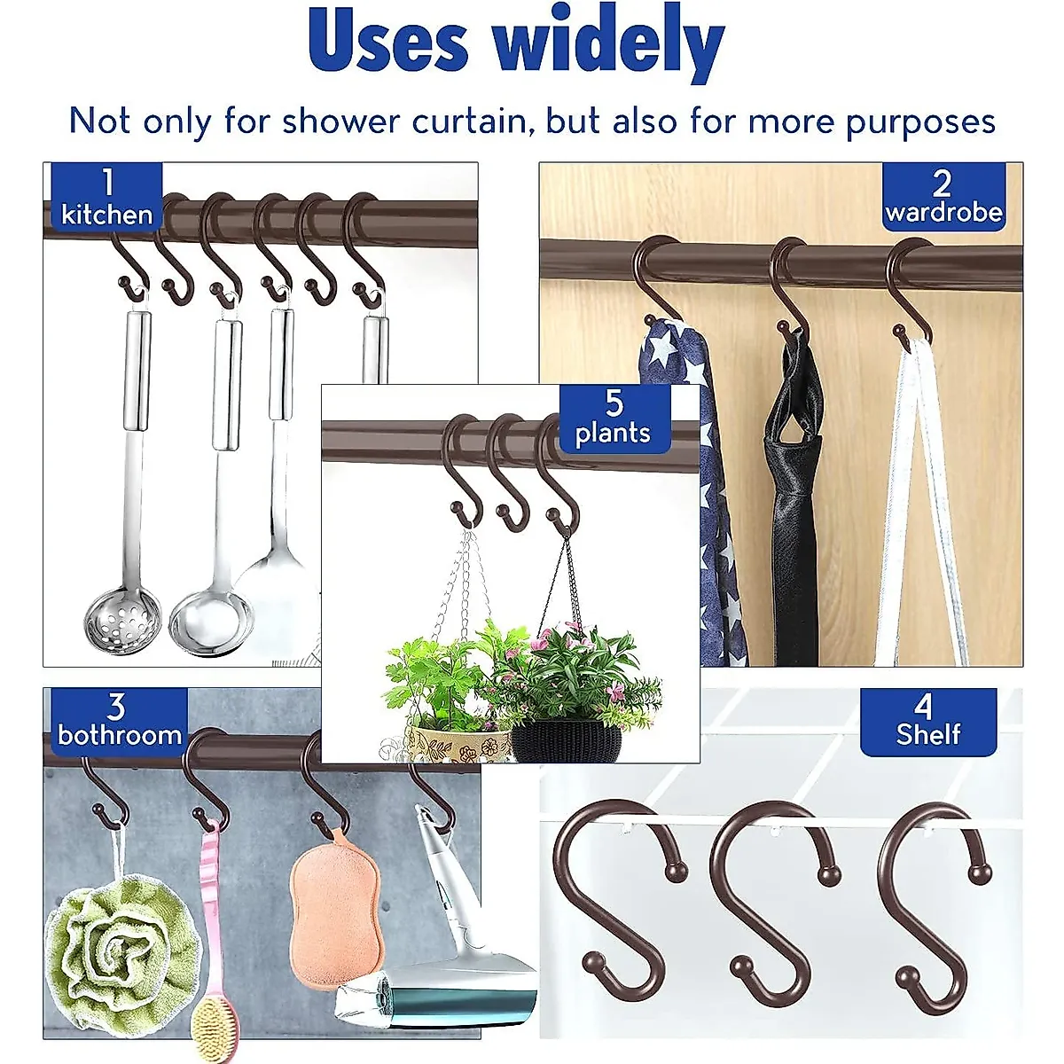 24 pcs Black Shower Curtain Hooks,Shower Curtain Rings, S Shower Hooks for Bathroom Curtains,Clothing, Towels, etc