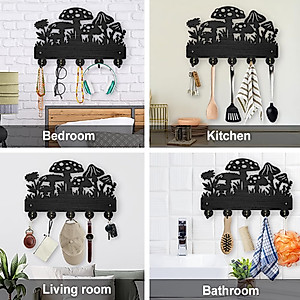 MAYJOYDIY Mushroom Wall Mounted Coat Rack Wildflower Meadow Wood Key Hooks for Wall 11.8×7.9inch Black Key Holder Hanger Wall Art Decor with 5 Alloy Hooks for Gift Hallway Entryway Kitchen