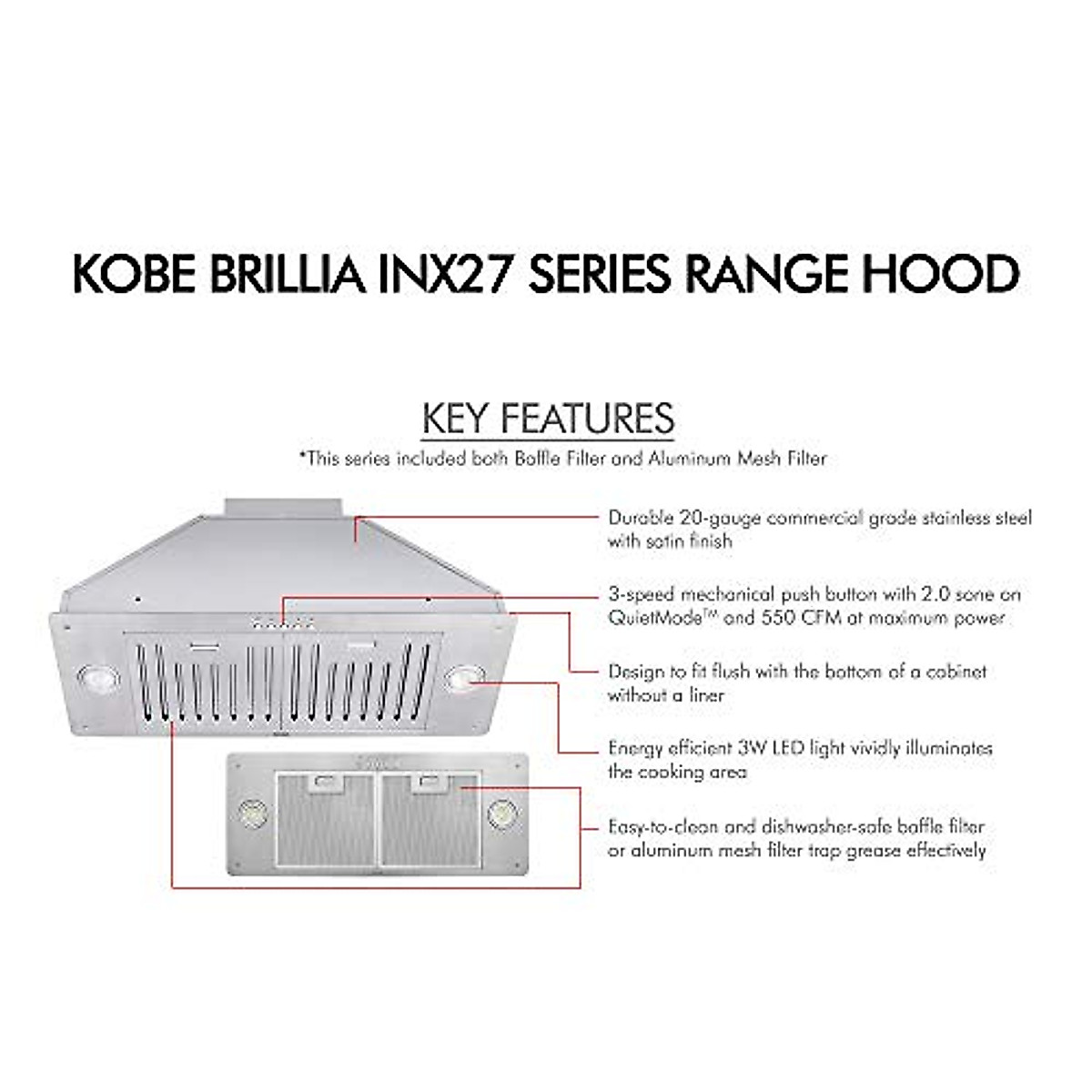 KOBE INX2730SQB-700-2 Brillia 30-inch Built-in/ Insert Range Hood, 3-Speed, 550 CFM, LED Lights, Baffle Filters, Stainless Steel