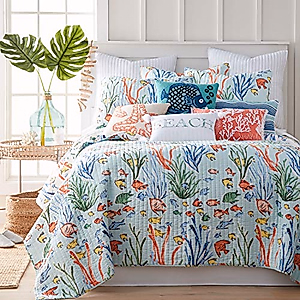Levtex Home - Sancti Petri Quilt Set -Twin/Twin XL Quilt + One Standard Pillow Sham - Coastal - Yellow Blue Green Coral - Quilt Size (68x86in.) and Pillow Sham Size (26x20in.) - Reversible - Cotton