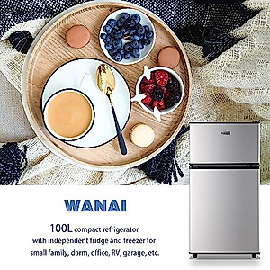 WANAI Mini Fridge with Freezer 3.5 Cu.Ft Double Door Compact Refrigerator with Freezer-on-Top Small Freestanding Fridge with 7 Level Adjustable Thermostat Bedroom Dorm Office, Kitchen Apartment Silver