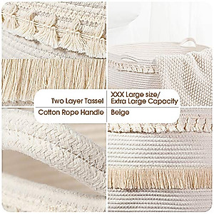 ANTJUMPER Cotton Rope Basket Hamper, Macrame Tassel Storage Basket with Handle Rope Woven Nursery Hamper Storage Bin for Clothes Blankets Pillow and Toys (20"x20"x14")