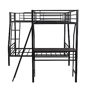VOGU Metal Triple Bunk Beds, Twin Over Full Bunk Bed Attached Twin Loft Bed with Desk, L-Shape Triple Beds Frame with Ladders and Guardrails, Safe Design for Kids Teens Adults, Black-3