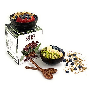 RobinsonTaylor Products 4 Organic Coconut Bowls with Spoons: Set of 4-100% Natural, Vegan, Organic, Eco-Friendly and Plant Polished Coconut Bowls with Wooden Spoons