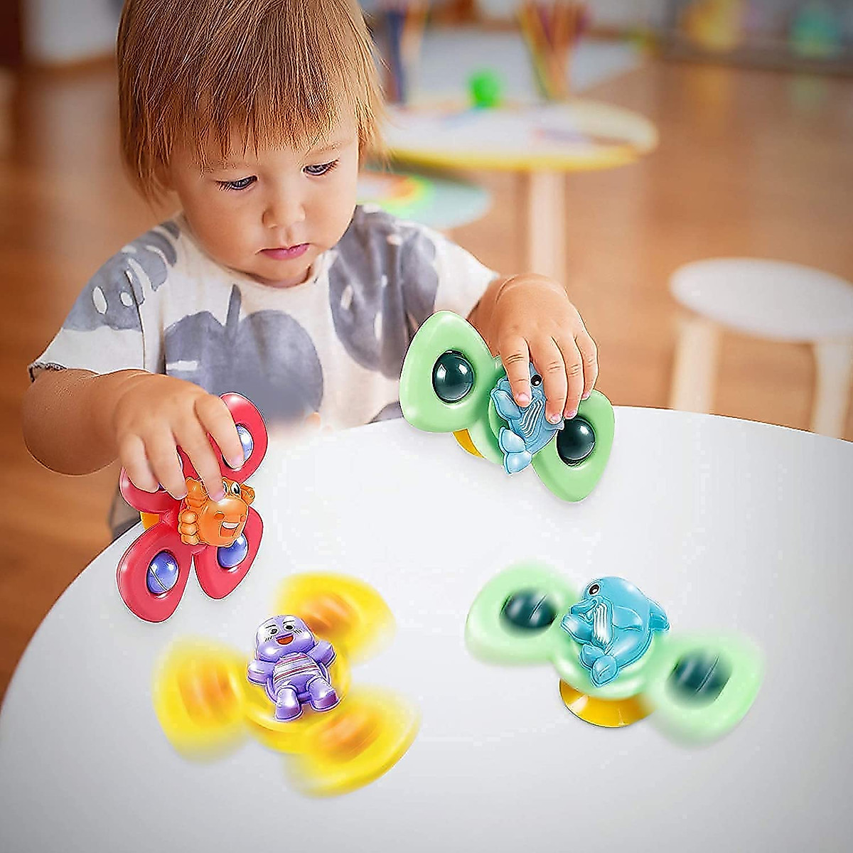 Chylldem Spinning Top Toys with New Upgrade Suction Cup for 6+ Month Boys and Girls, Baby Rattle Toy Set and Gifts for Babies, Crab, Turtle, Dolphin - 3 Count (Pack of 1)
