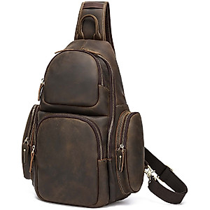 Taertii Full Grain Genuine Leather Sling Bag, Fits 14 inch Laptop, Travel Chest Crossbody Shoulder Sling Backpack Purse Daypack 17L - Brown