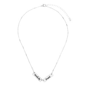 RIAH FASHION Simple Message Horizontal Bar Pendant Necklace - Inspirational Religious Engraved Plate Delicate Chain Faith (Double Plate - Walk By Faith Matte Silver)