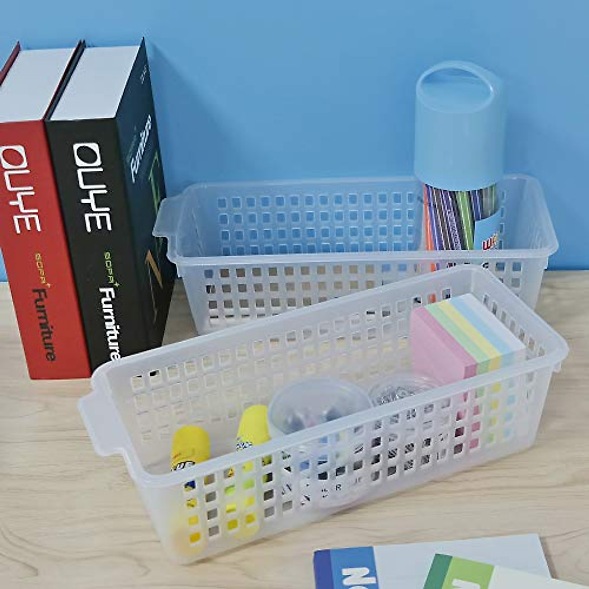 EudokkyNA Clear Slim Storage Baskets, Plastic Small Organizing Bin Set of 6