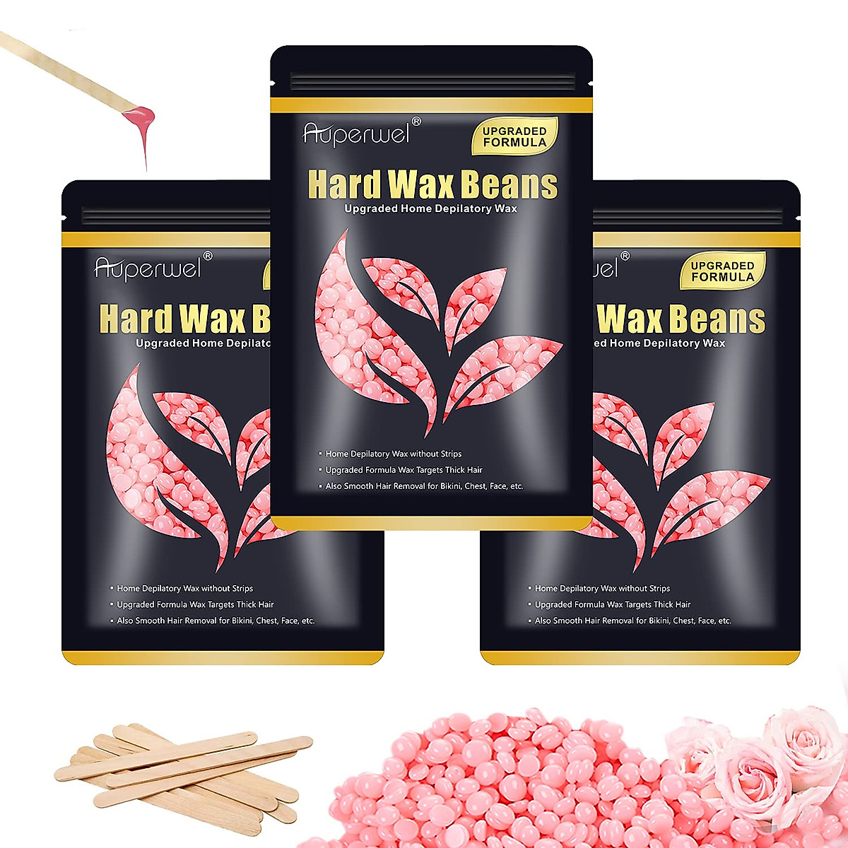 Auperwel Painless Hard Wax Beans for Hair Removal, 10.5oz Upgraded Formula for Face, Eyebrow, Brazilian Bikini with 10 Applicators (3 Rose)
