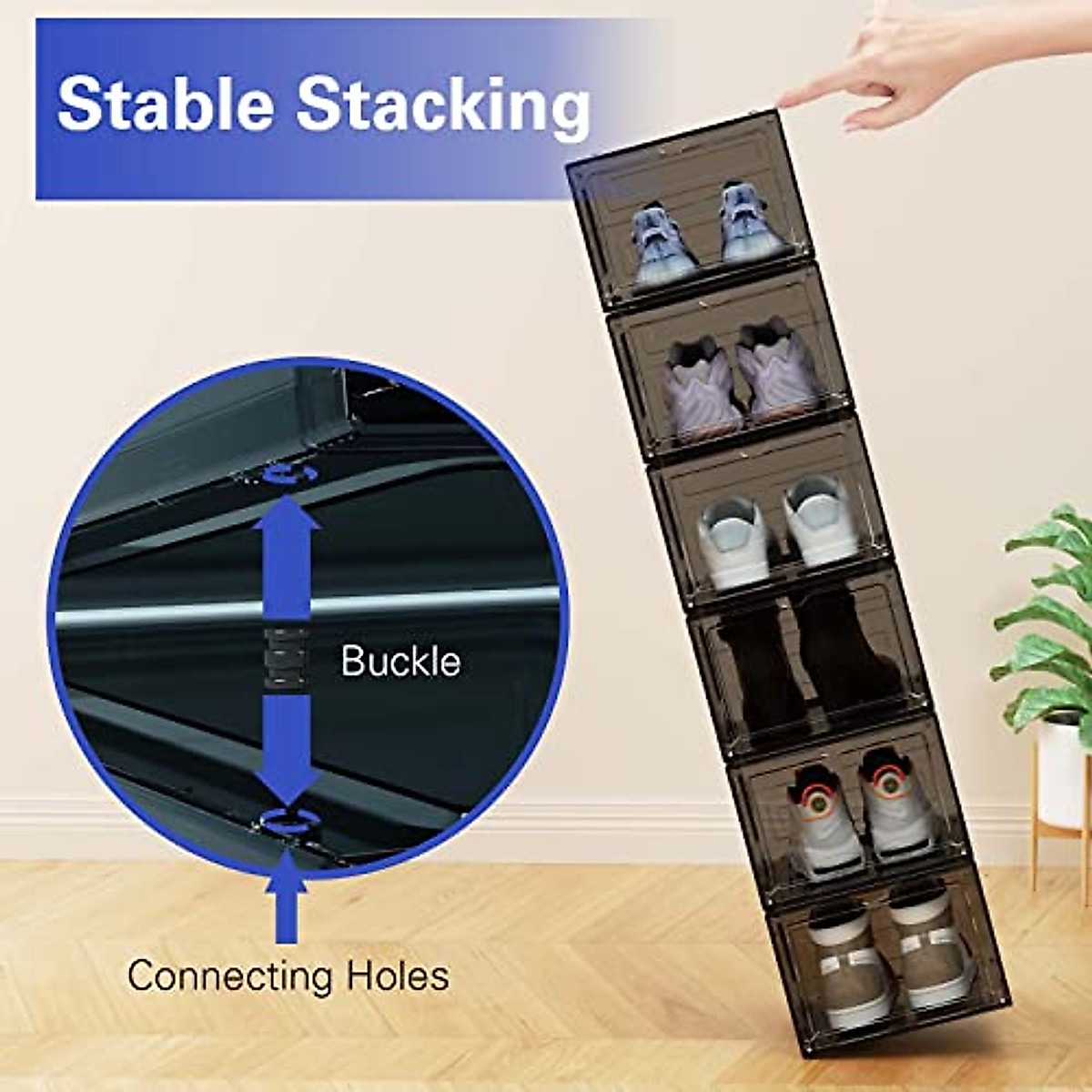 iBune 12 Pack Drop Front Shoe Storage Boxes, Clear Plastic Shoe Organizer for Closet, Easy Assembly, Stackable Foldable Shoe Containers for Display Sneakers Boots, Fit US Size up to 12, Black