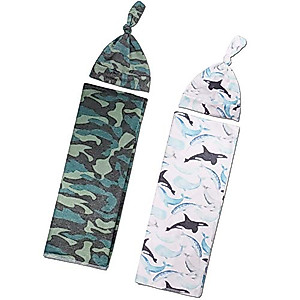 Newborn Swaddle Blankets with Beanie Hat 4 Pack Set for Boys Whale+Camouflage Baby Receiving Blanket