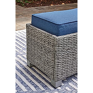 Signature Design by Ashley Naples Beach Casual Outdoor Bench with Cushion, Light Gray & Blue