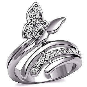 Lanyjewelry Clear CZ set in Butterfly Stainless Steel Non Tarnish Wide Band Ring - SIZE 5