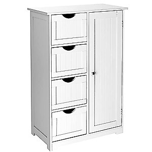 Bonnlo Small Bathroom Floor Cabinet Kitchen Storage Organizer Free Standing Bathroom Towel Cabinet Wooden Linen Entryway Storage Unit with 4 Drawers and 1 Cupboard Home Decor Furniture (White)
