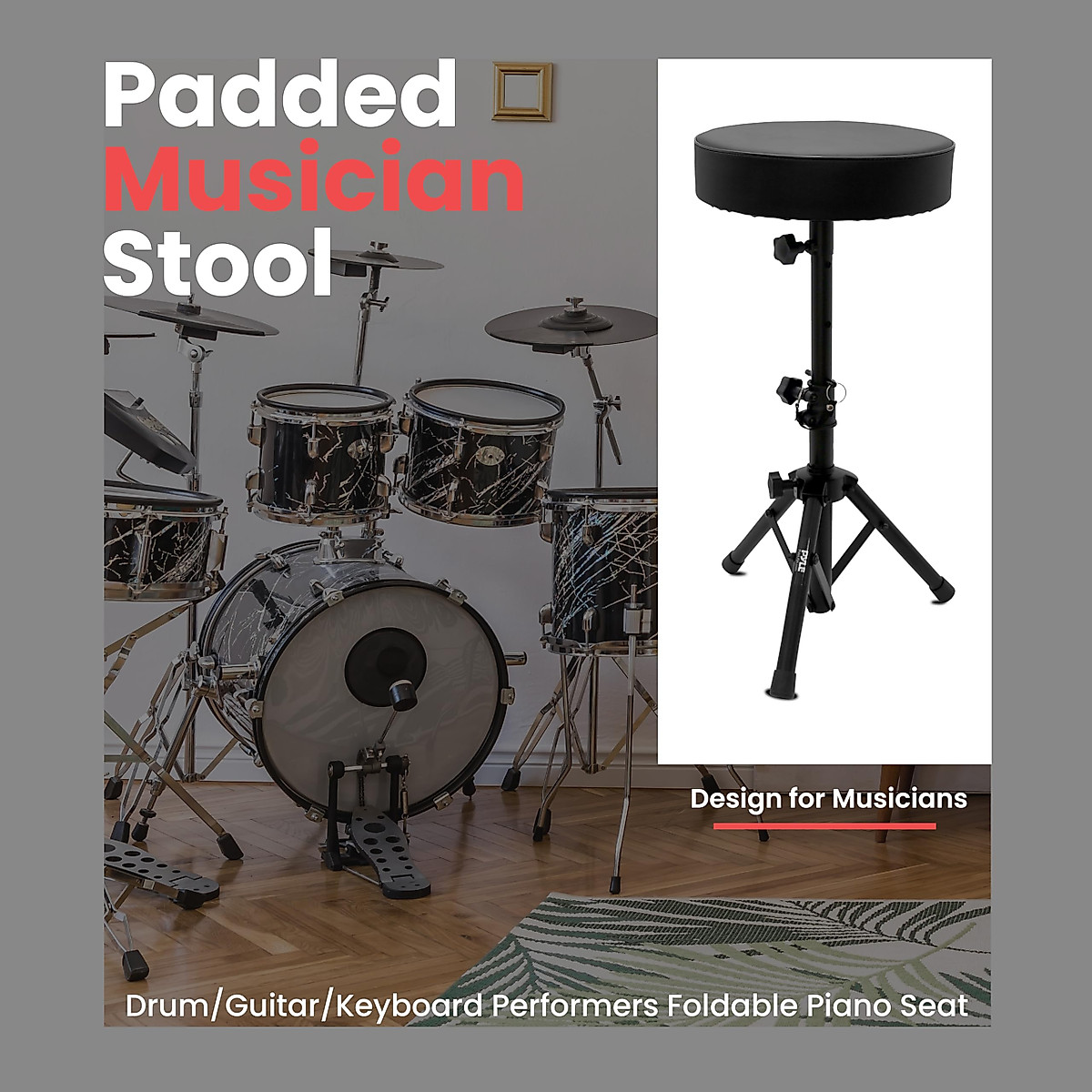 Pyle Padded Musician Stool-Drum/Guitar/Keyboard Performers Foldable Piano w/Height Adjustable Foot & Seat, Non-Slip Rubber Feet, Round Foam Cushion PKST54
