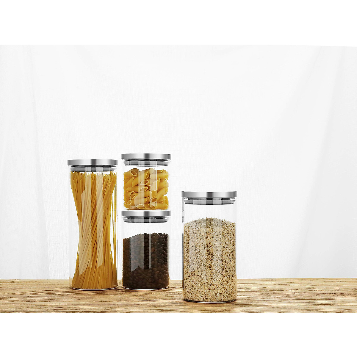 SIXAQUAE Glass Food Storage Containers Jar Stainless Steel Lids 4 Packs 600ml Airtight Canister Organization Sets Stackable