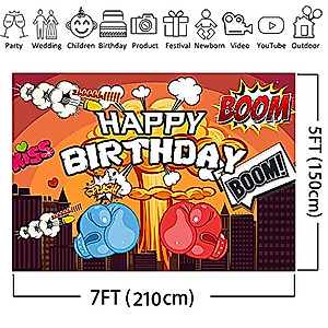 EMTOBT Happy Birthday Backdrop Superhero City Boom Background Red and Blue Boxing for Boy Gift Childen Happy Birthday Party Decorating 7x5FT Banner Photo Booth Props Room Decor Supplies BJWHEM562