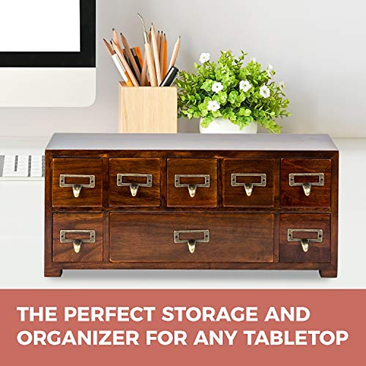 Label Holder Organizer Traditional Medicine Cabinet - Desktop Wide & Small Cabinet w/ 8 Drawers - Tabletop Apothecary Cabinet - Pre-Assembled Oriental Furniture - Vintage Card Catalog - Chest Drawer