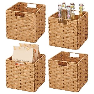 mDesign Woven Farmhouse Kitchen Cubby Food Storage Organizer Bin, Cube Container Organization for Pantry Cabinets, Cupboards, Shelves, Countertop, Store Potatoes, Onions, Fruit, 4 Pack, Camel Brown