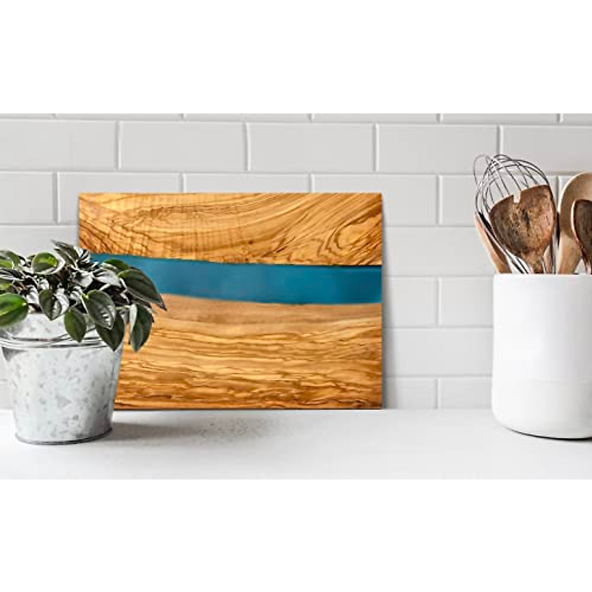 Handcrafted Italian Olive Wood Cheese & Charcuterie Board Set with Unique Blue Resin Artwork - Cutting Board Comes with 4 Cheese Knives, 2 Dipping Bowls & Corkscrew Wine Opener (Blue)