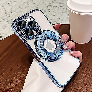 Uioeua Compatible with iPhone 14 Pro Max Magnetic Clear Kickstand Case,Luxury Plating Transparent Bracket MagSafe Case with Full Camera Lens Protector for iPhone 14 Pro Max-Sky Blue