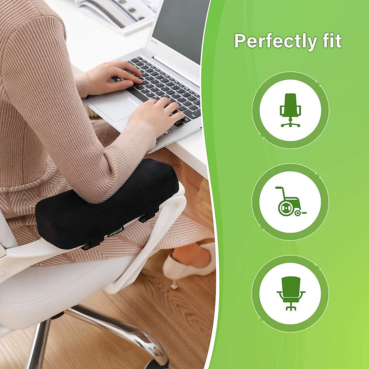 LargeLeaf Extra Thick 2 inches Chair armrest Cushions Elbow Pillow Pressure Relief Office Chair Gaming Chair armrest with Memory Foam armrest Pads 2-Piece Set of Chair (Black)