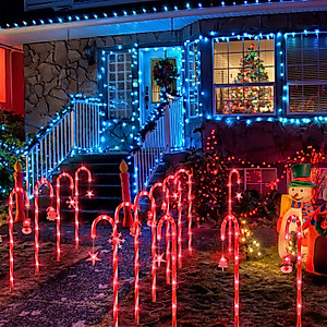 BITPOTT Christmas Decorations Candy Cane Solar Lights Outdoor 12 Pack, 28 Inch Christmas Solar Pathway Lights, Red Light Solar Garden Lights for Yard Pathway Walkway Markers Holiday Decor