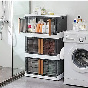 Aleiodvn Storage Bins with Lids,34 Quart Plastic Stackable Storage Boxes,Collapsible Wardrobe Closet Organizer with Wheels and Door,Clear Black Storage,Trunk Organizer, Dorm Room Essentials -3 Pack