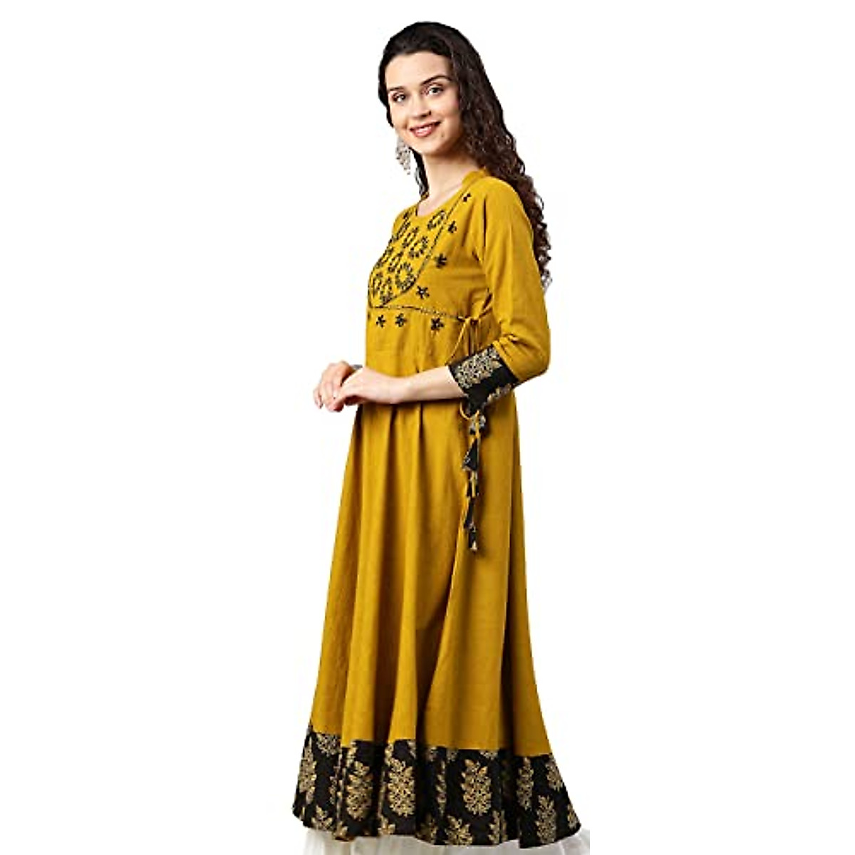 Yash Gallery Women's Cotton Slub Sequin Work Angrakha Kurtis (Mustard Yellow)
