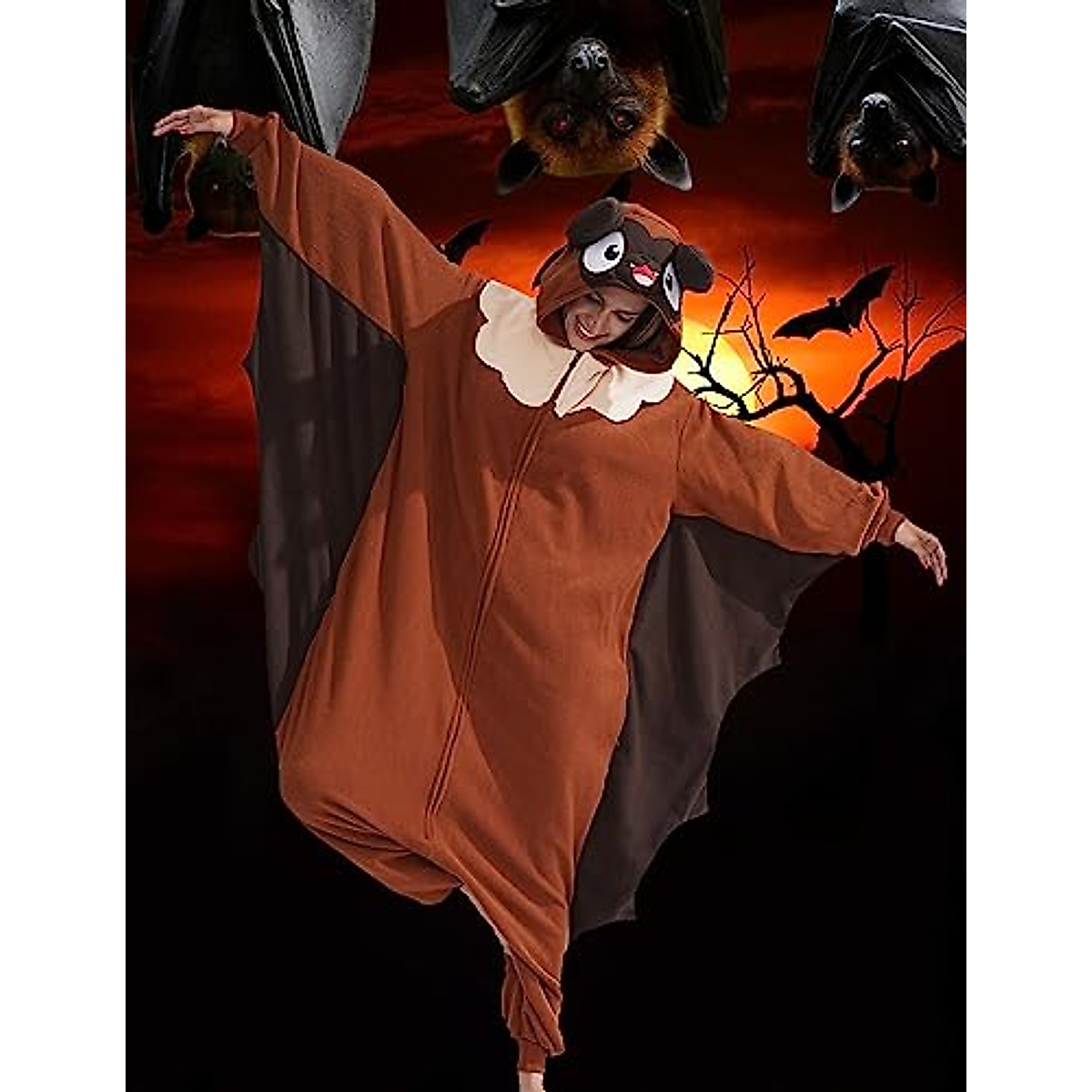 vavalad Adult Bat Onesie Pajamas Animal Cosplay Costume Halloween One-Piece Jumpsuit for women men