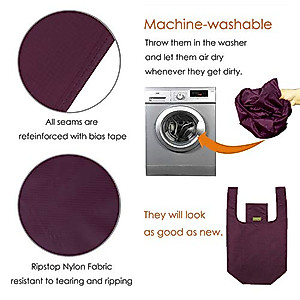 Ripstop Reusable Grocery Bags Set 5, Washable Foldable Shopping Bags,Reusable Shopping Tote, Light Weight(Grey,Black,Burgundy,Purple,Navy Blue)