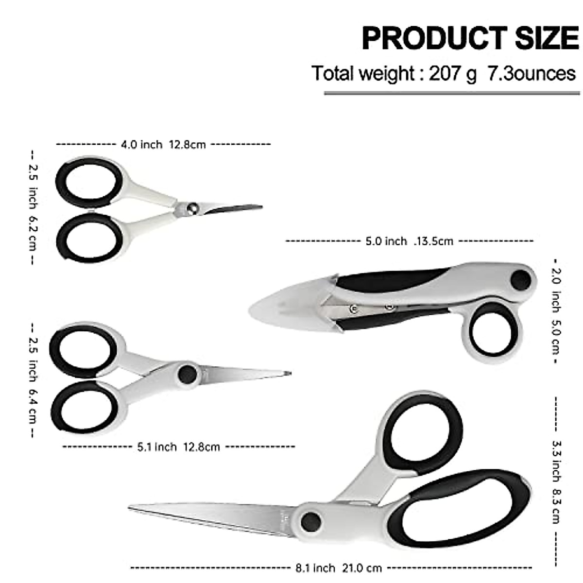 Premium Tailor Sewing Scissors Bundle, 8.1" Heavy Duty Sharp Fabric Scissors, 5.1"/4" Detail Embroidery Scissors, 5" Thread Snips with Comfort Grip (Grayish White)
