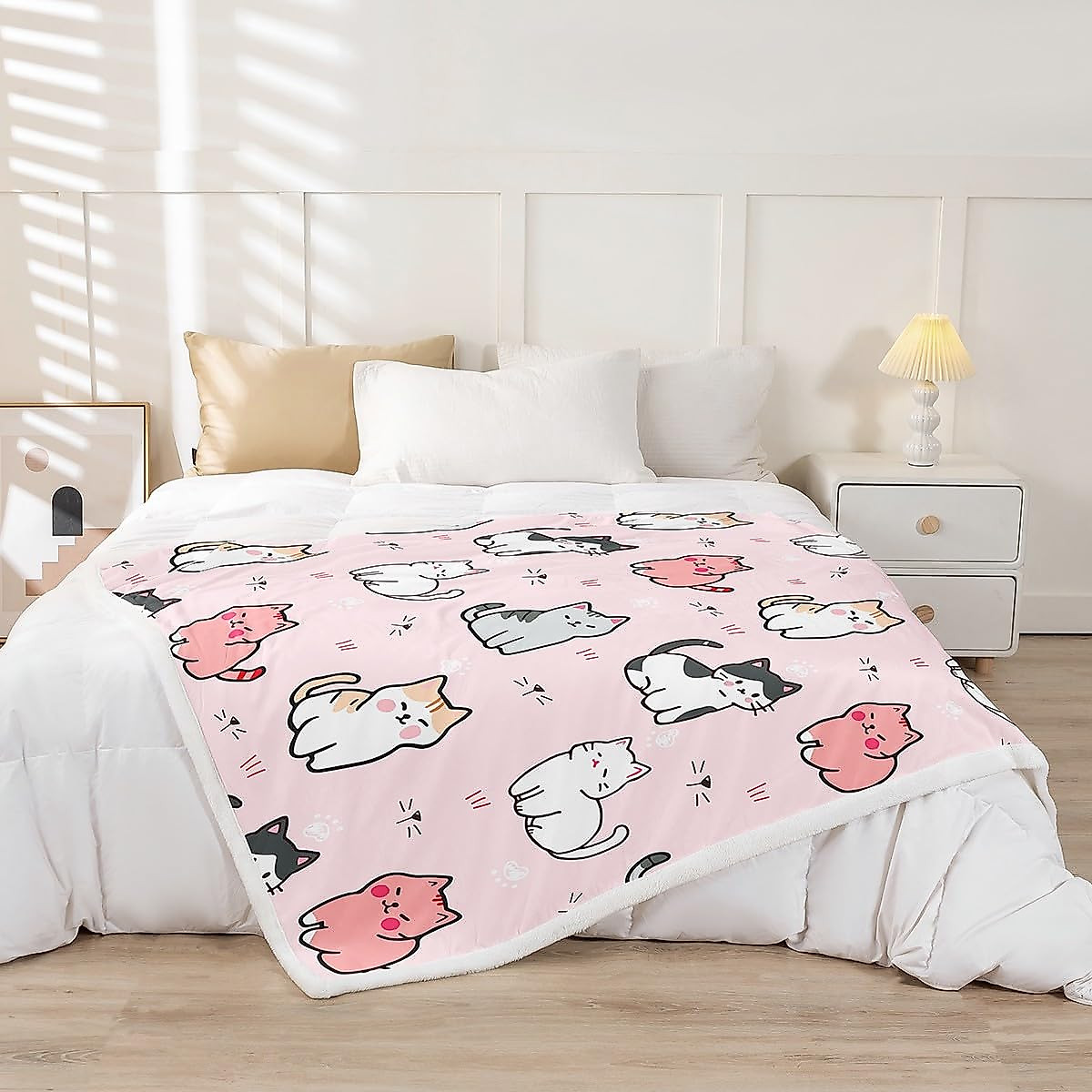 Erosebridal Cartoon Cat Sherpa Blanket,Cute Kitten Print Blanket for Kids Boys Girls Toddler Cat Lover,Cat Paw Print Throw Blanket for Bed Sofa Couch,Kawaii Pet Theme Plush Blanket Pink Baby 30"x40"