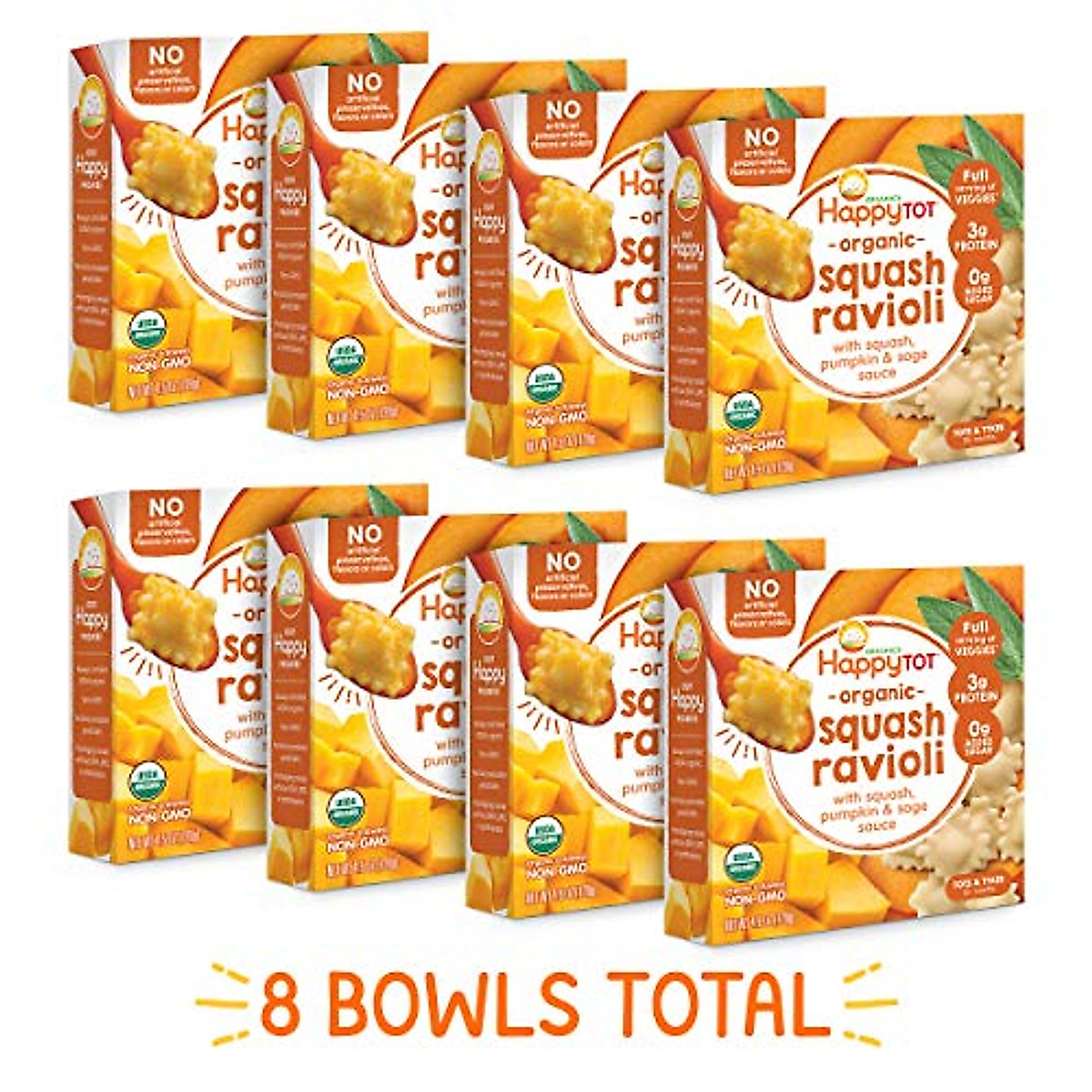 Happy Tot Organics Love My Veggies Bowl, Squash Ravioli with Squash, Pumpkin & Sage Sauce, 4.5 Ounce Pouch (Pack of 8) packaging may vary